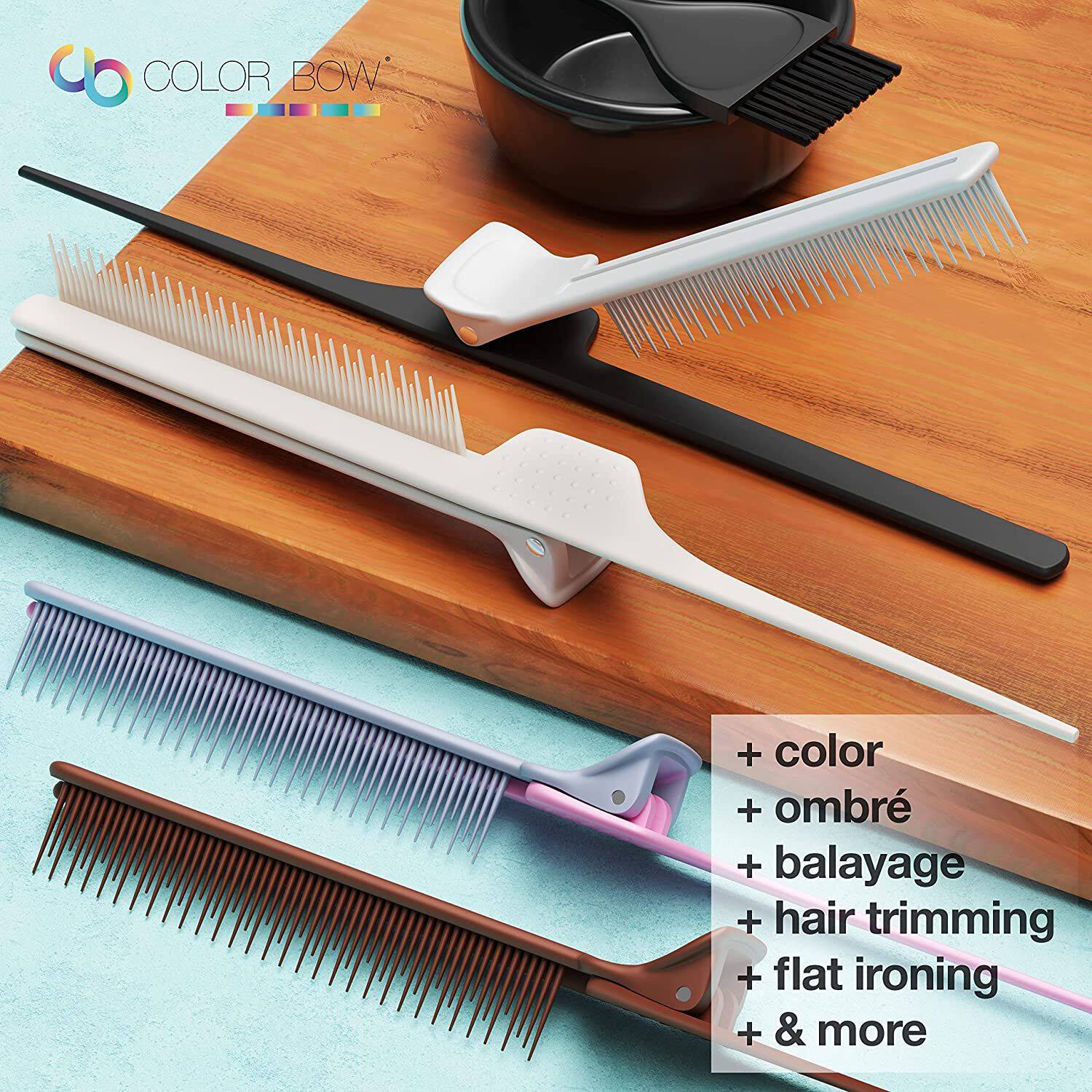 Color Bow Rat Tail Clip Comb for Hair Stylist - 2 Pieces