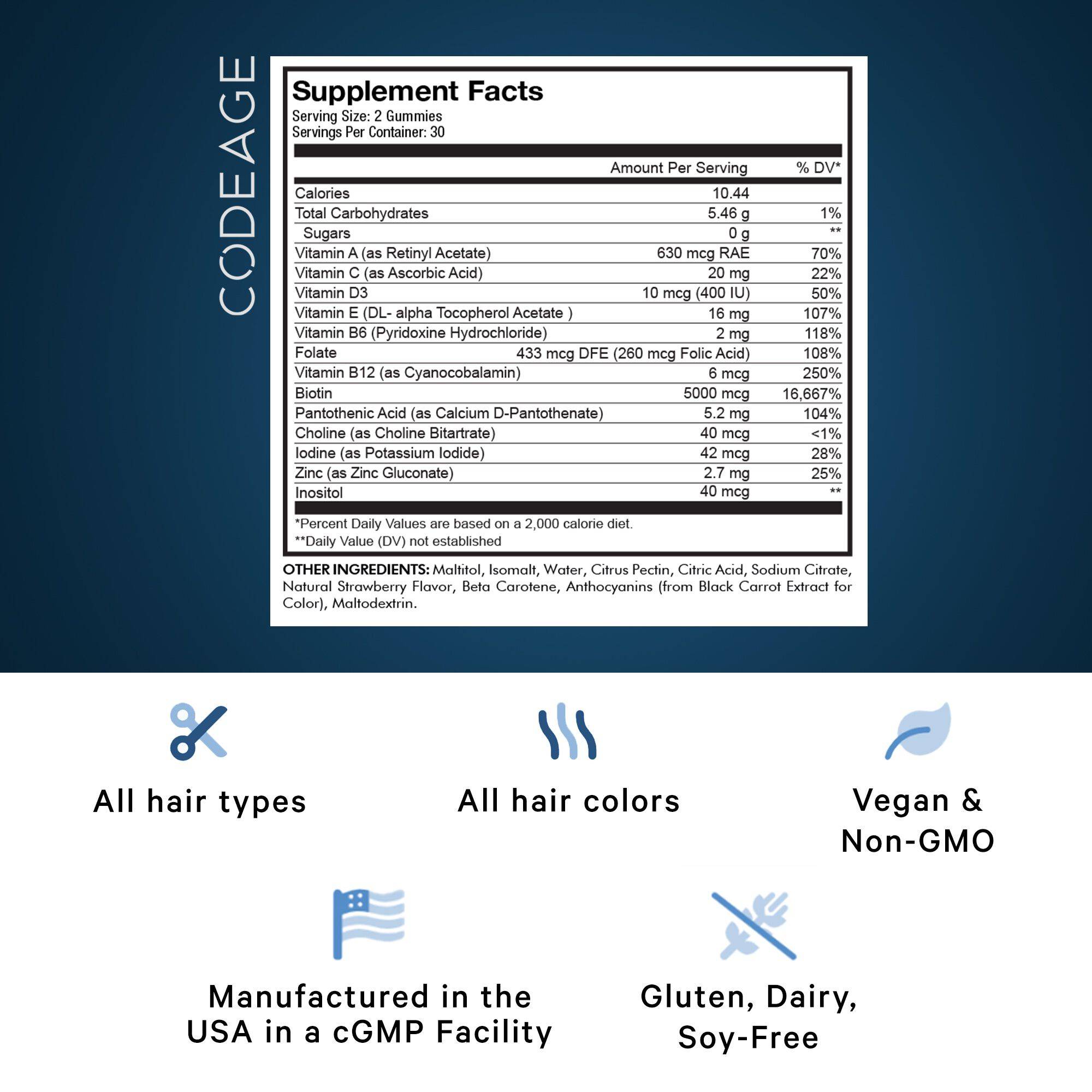 Codeage Hair Gummies, Biotin 5000 mcg, Sugar Free Nails & Skin - 60 ct